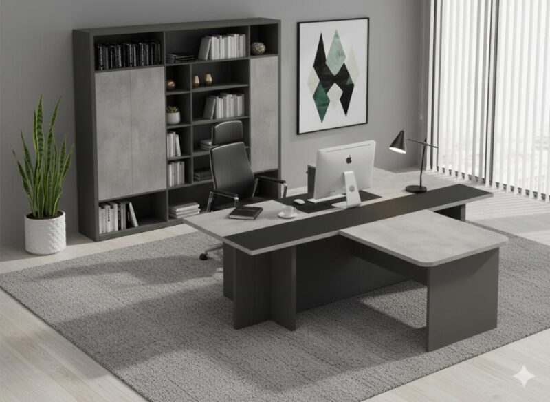 Executive Desk with Attached Meeting Table & Storage Cabinet